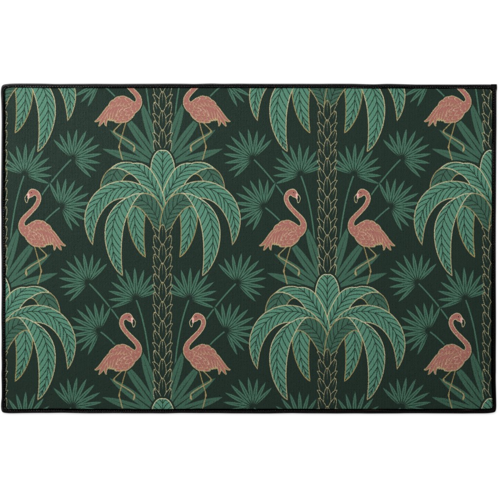 Art Deco Palm Trees and Flamingos Damask - Green and Pink Door Mat ...