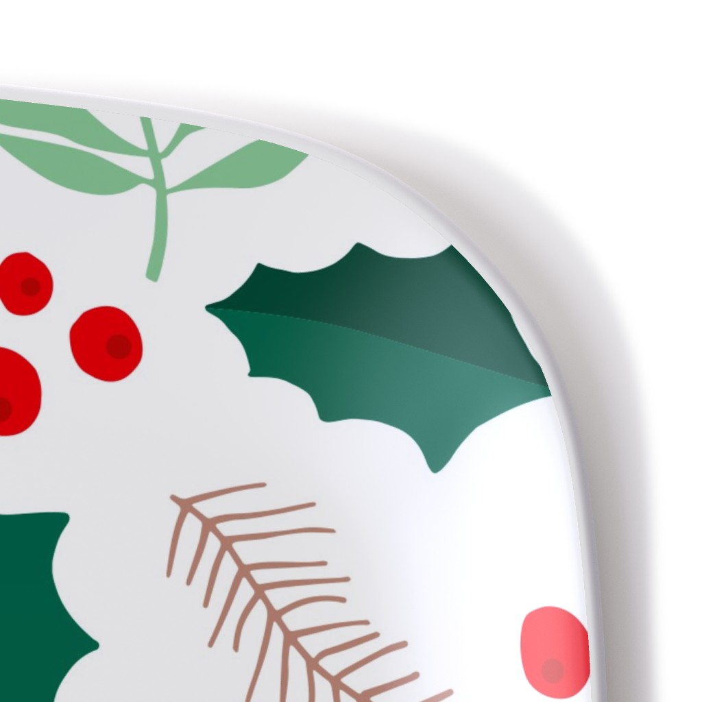 Botanical Christmas Garden Pine Leaves Holly Branch Berries - Green and Red Serving Platter ...