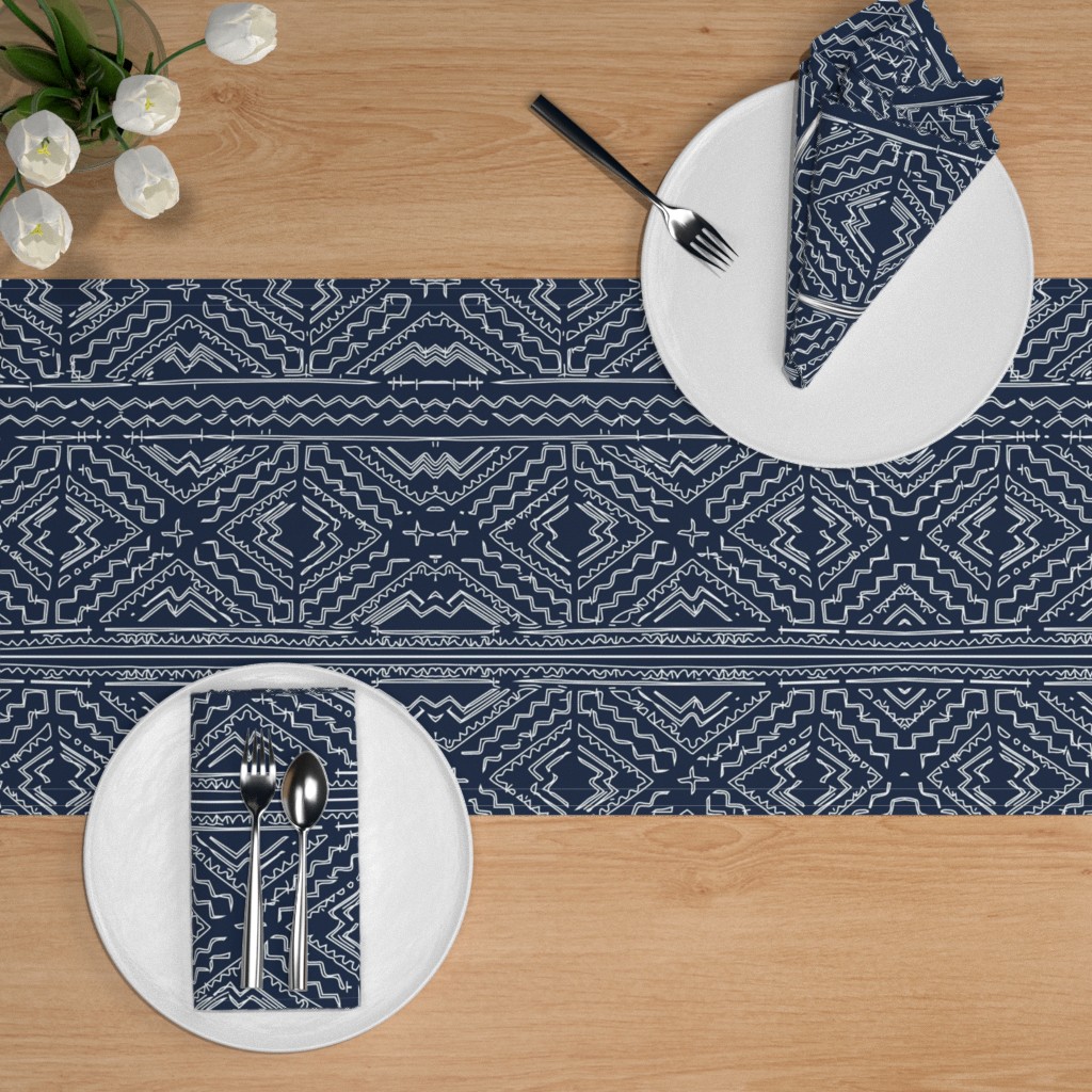 African Mudcloth - White on Blue Table Runner | Shutterfly
